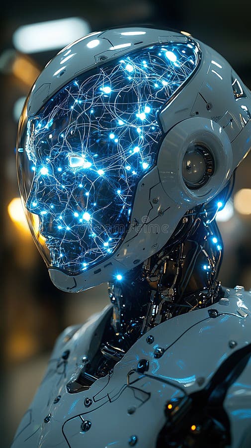 A Futuristic Robot S Head Displays a Glowing Neural Network ...