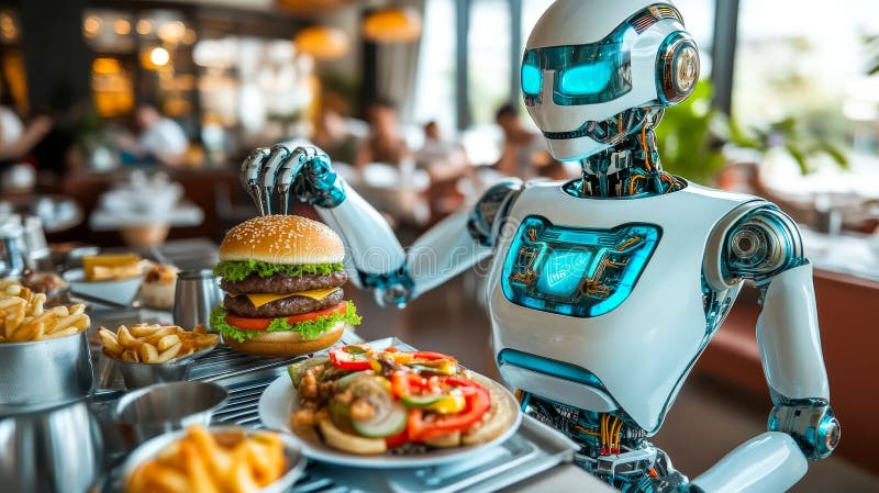 Futuristic Robot Sampling Fast Food, Modern Concept Eatery, AI ...