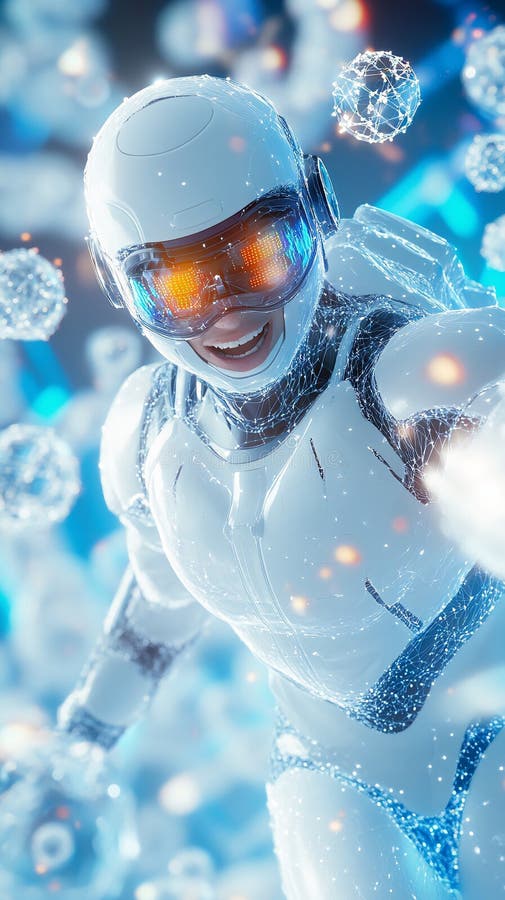 Futuristic Robot Scientist in White Suit Exploring Molecular Technology ...