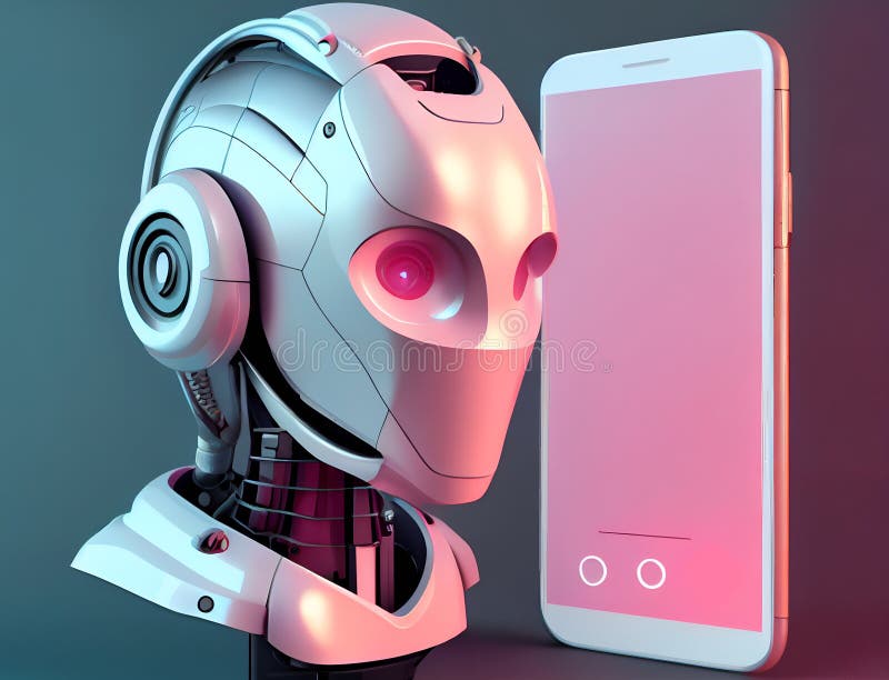 Robot beside the Screen of Smartphone. Concept of Chatbot with ...