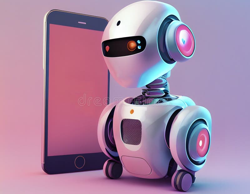 Robot beside the Screen of Smartphone. Concept of Chatbot with ...