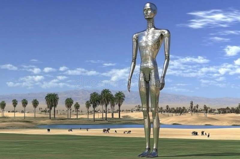 Futuristic Robot Sculpture in Desert Oasis with Palm Trees and ...