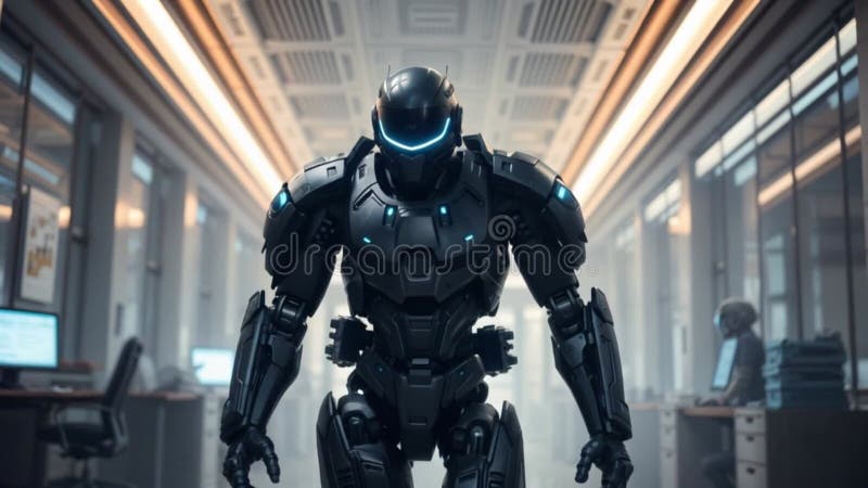 Futuristic Robot Security Guard Walks through Office. AI Generated ...