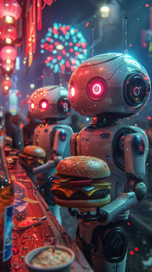 Futuristic Robot Serving Fast Food in a Neon-lit Diner, Ideal for ...