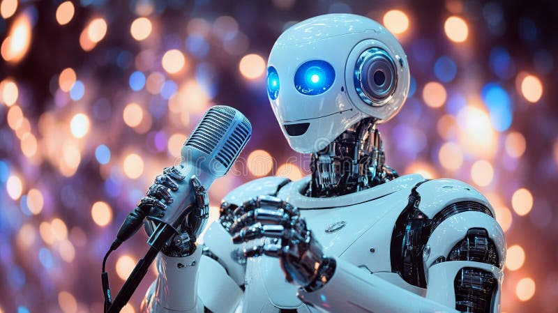 Futuristic Robot Singer Captivating Audience with Vintage Microphone ...