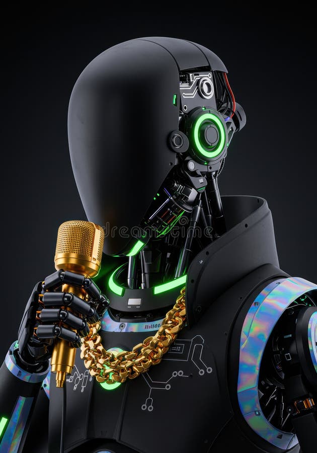 Futuristic Robot Singer with Gold Microphone and Neon Accents ...
