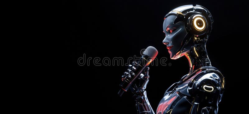 Futuristic Robot Singing with Microphone in Dark Background Showcasing ...