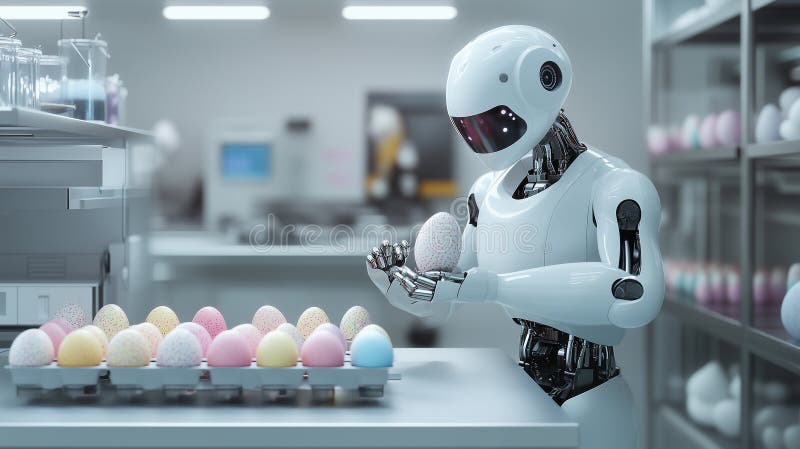 Futuristic Robot Skillfully Decorating Colorful Easter Eggs in a High ...