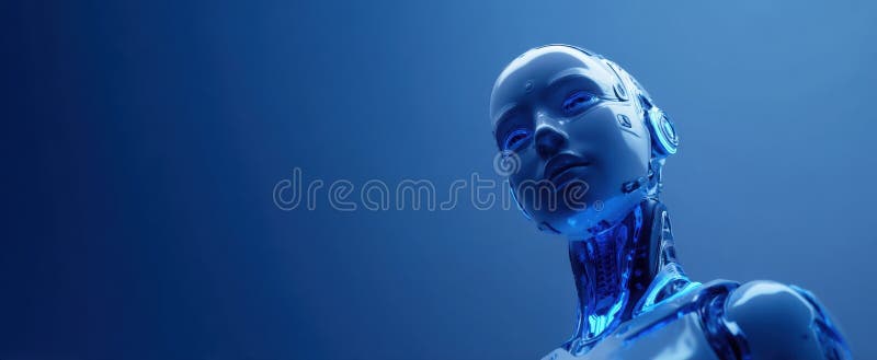 The Futuristic Robot with Sleek Design Against a Dark Blue Background ...
