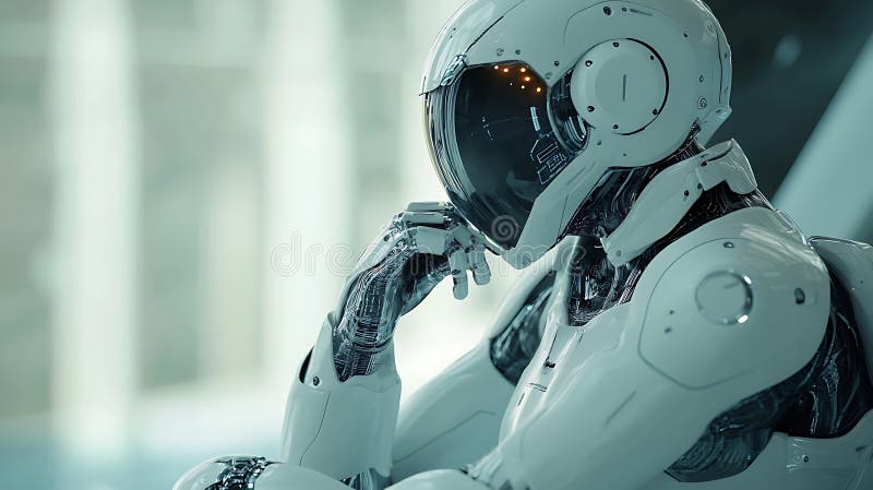 Futuristic Robot with Sleek Design Sits Contemplative Pose, Showcasing ...