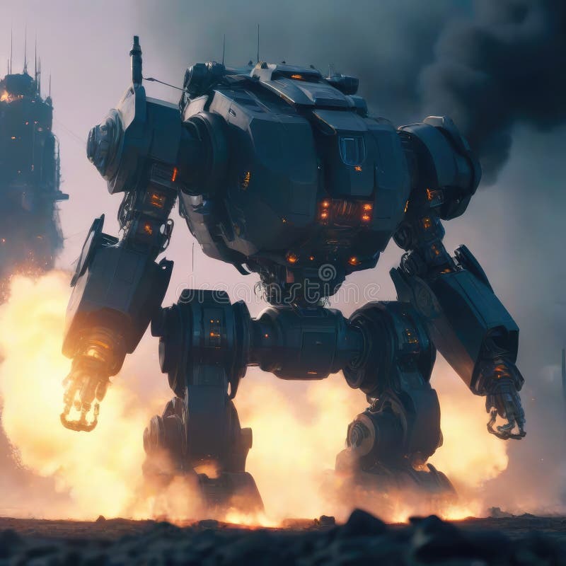 Futuristic Robot with Smoke and Fire in the Background Stock ...