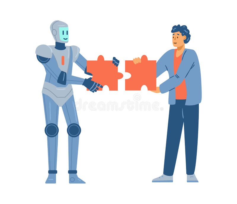 Futuristic Robot Solves Jigsaw Puzzle Together with Man at Work, Flat ...