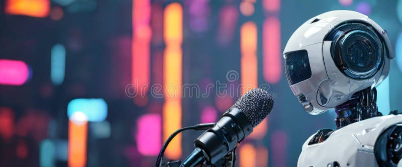 Futuristic Robot Speaking into a Microphone on Stage Stock Image ...