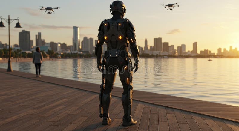 Futuristic Robot Standing on Boardwalk at Sunset Stock Photo - Image of ...