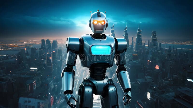 Futuristic Robot Standing in Front of a Sci-fi City Skyline Stock ...