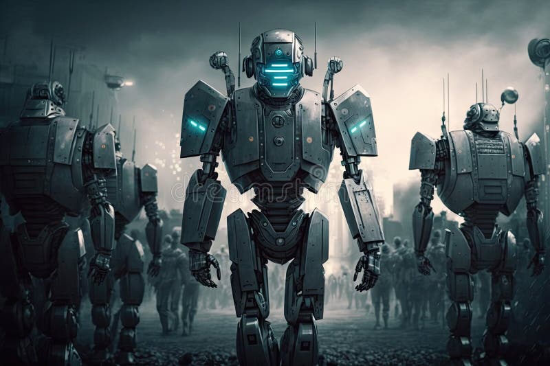 Futuristic Robot Standing in the Middle of the Crowd Stock Illustration ...