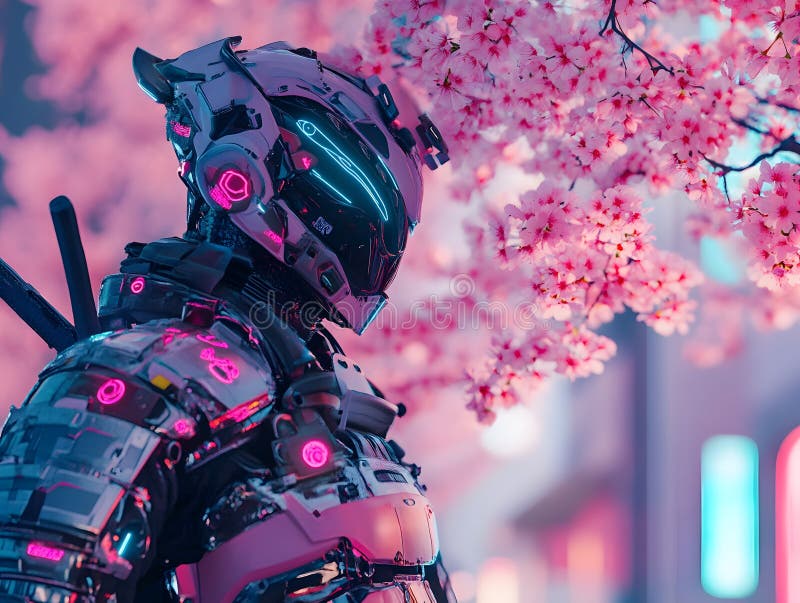 Futuristic Robot Standing Near Cherry Blossom Trees Stock Illustration ...
