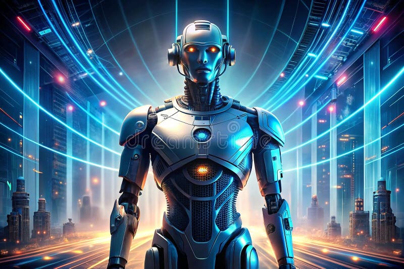 Futuristic Robot Standing in a Neon City Stock Illustration ...