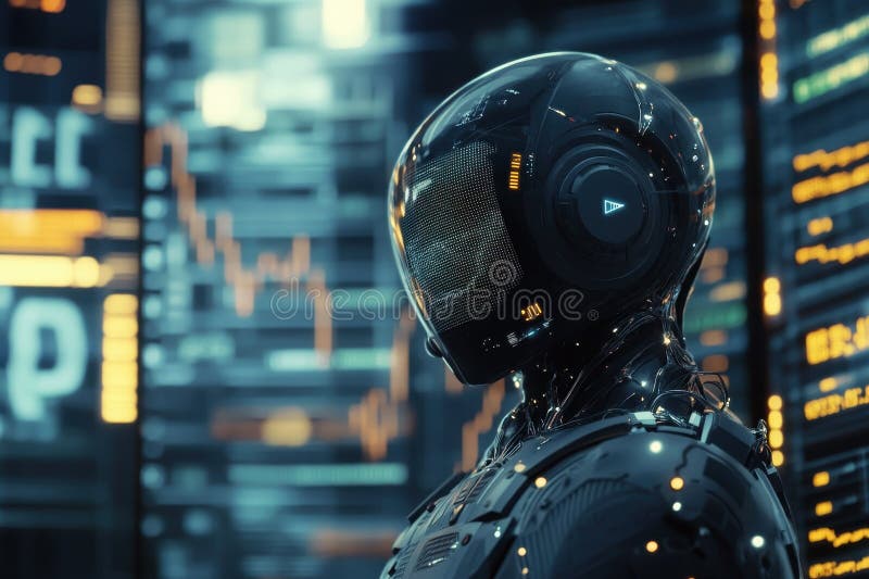 Futuristic Robot Stands Against a Backdrop of Digital Displays in a ...