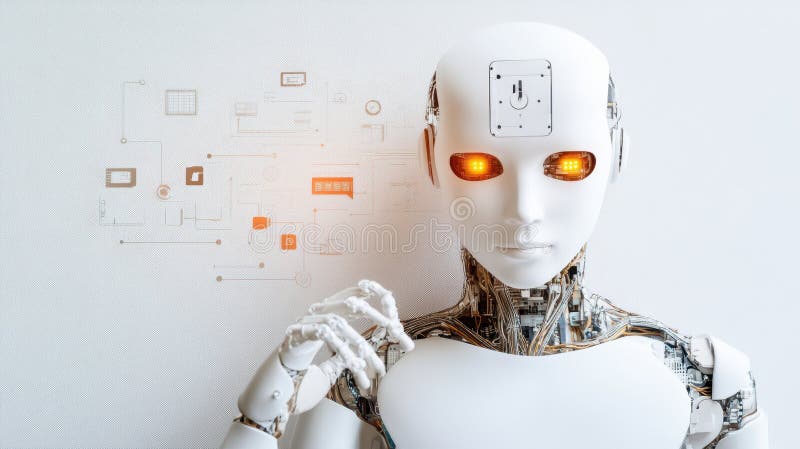 A Futuristic Robot Stands with Glowing Eyes, Its Hand Resting on Its Chest, Symbolizing ...