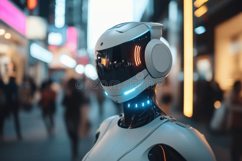 Futuristic Robot Stands Out in a Bustling Urban Environment during ...