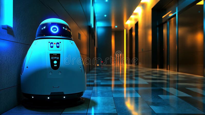 Futuristic Security Robot Stands in a Modern Building Hallway with ...