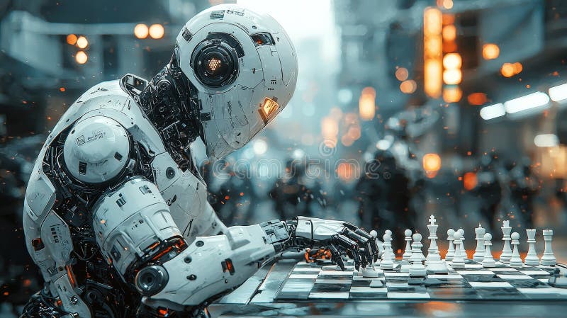 Futuristic Robot Strategizing in Urban Chess Setting Stock Image ...