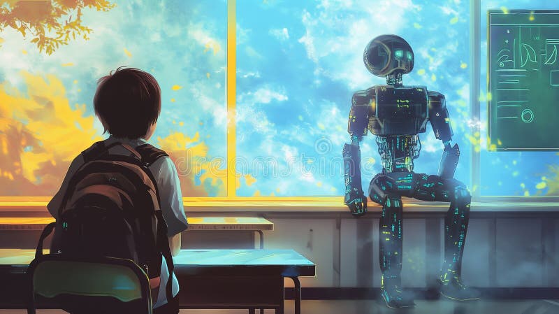 Futuristic Robot Teacher with Student in Classroom. Illustration ...