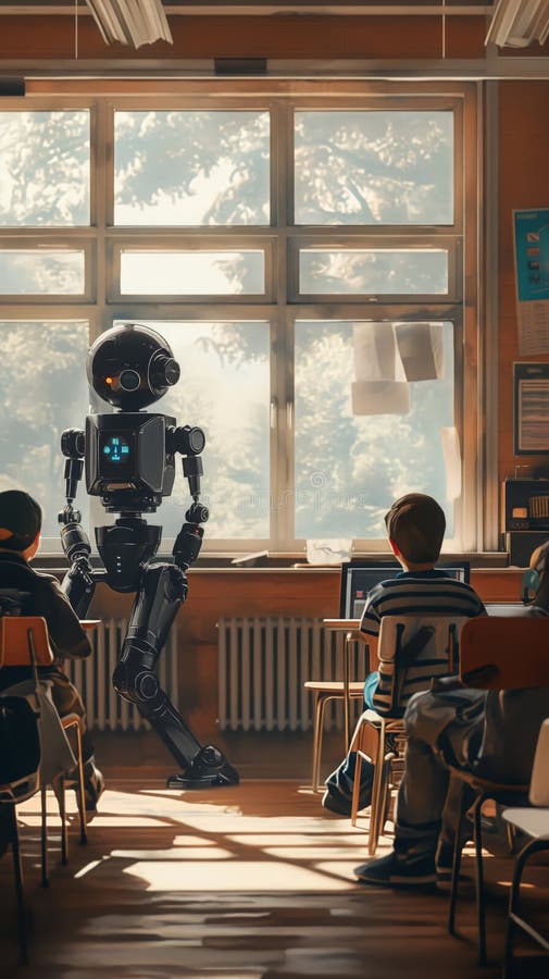 Futuristic Robot Teacher with Student in Classroom. Illustration ...