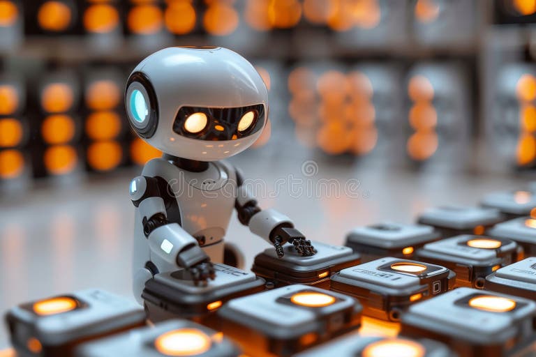 Futuristic Robot Testing and Interacting with Glowing Batteries in a ...