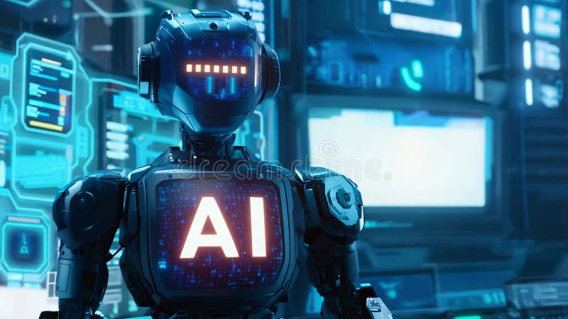 A Futuristic Robot with the Text AI Illuminated on Its Chest, Standing ...