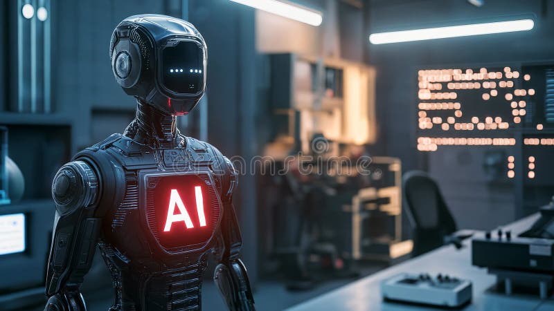 A Futuristic Robot with the Text AI Illuminated on Its Chest, Standing ...