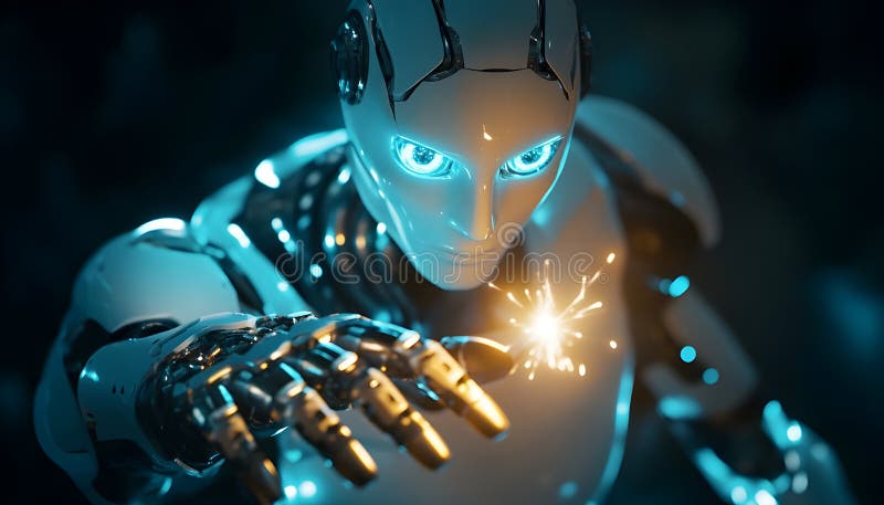 Futuristic Robot Touching a Spark with Glowing Eyes, Representing ...