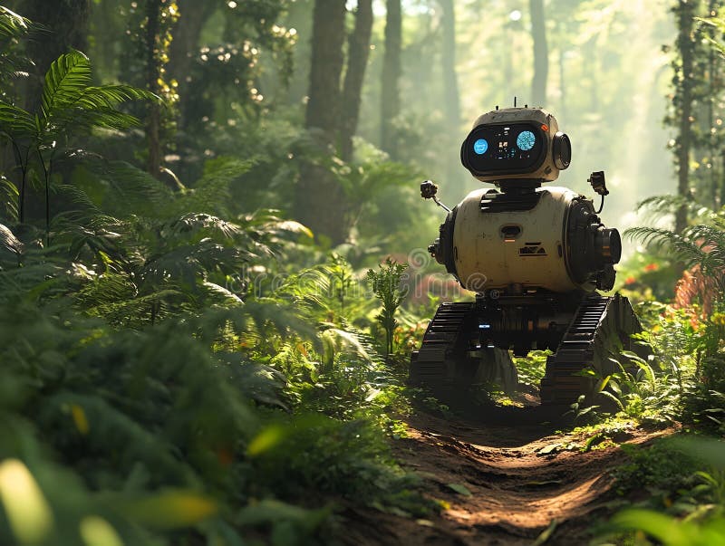 Futuristic Robot Tour Guide Navigates Lush Forest Trail with ...