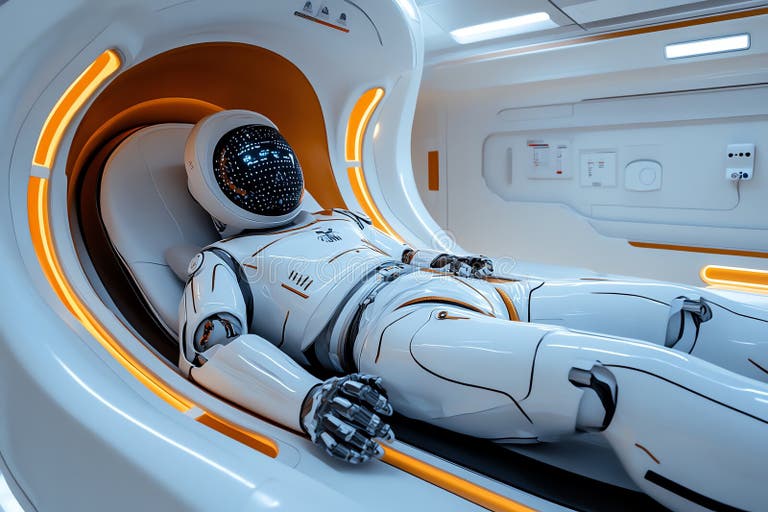 Futuristic Robot Undergoing Maintenance in a High-tech Pod with Sleek ...