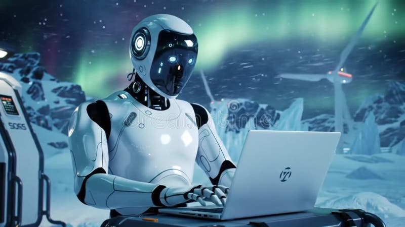Robot Typing on Laptop in Cold Arctic Landscape with Aurora Stock Video ...