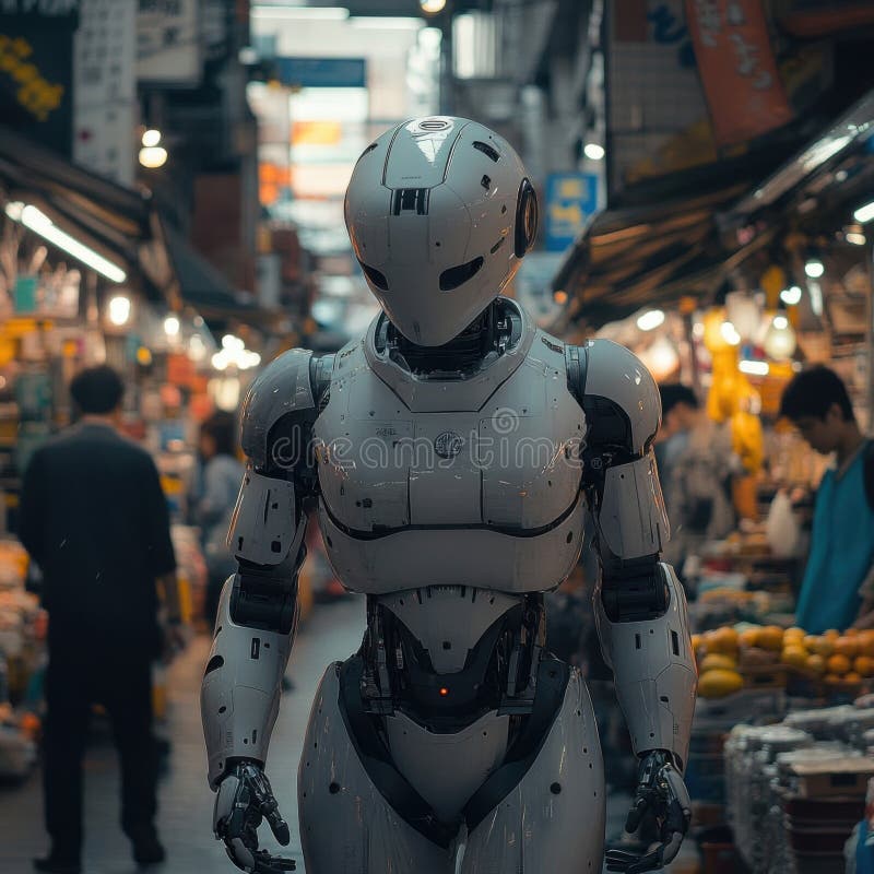 Futuristic Robot in Vibrant Market Exploring Human Interactions Stock ...