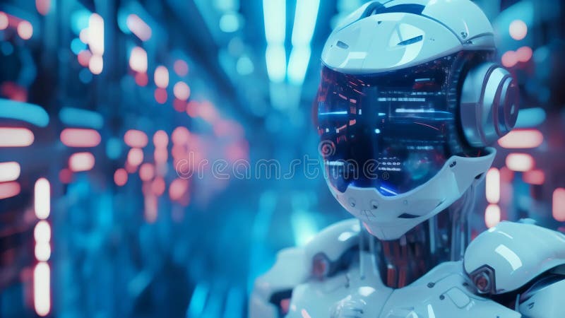 Futuristic Robot with a Visor Helmet in a High-tech Environment ...