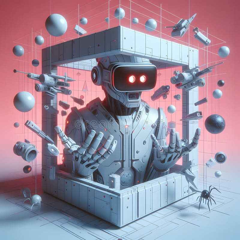 Futuristic Robot with VR Headset in Abstract Digital Environment ...