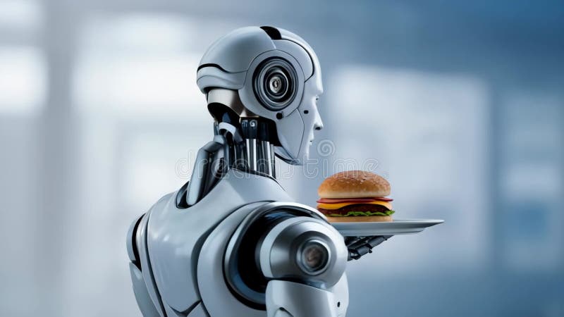 A Futuristic Robot Waiter Carries a Delicious Burger, Representing the ...
