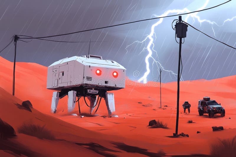 Futuristic Robot Walker Patrolling Desert in Thunderstorm Stock Image ...
