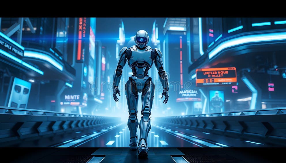Futuristic Robot Walking, Cyberpunk Scene and Artificial Intelligence ...