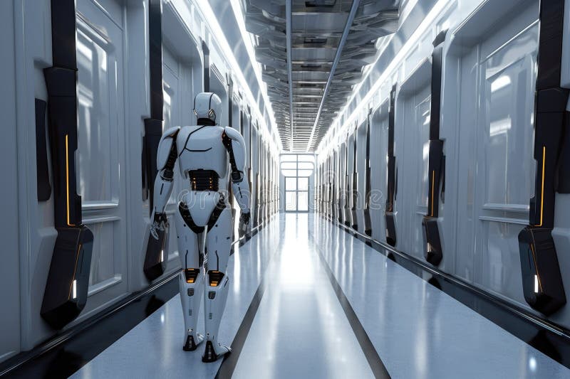 Futuristic Robot Walking Down a High-tech Corridor Stock Photo - Image ...
