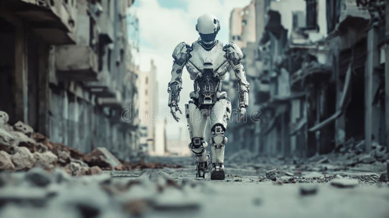 Futuristic Robot Walking through a Post-Apocalyptic Ruined City Stock ...