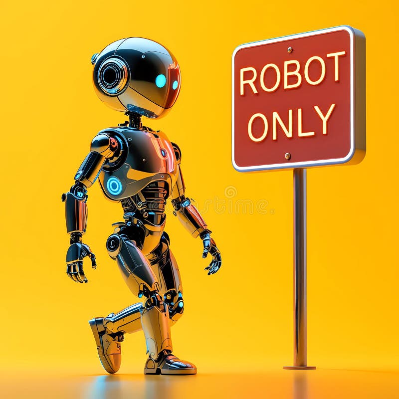 A Futuristic Robot Walks beside a "Robots only" Sign, Blending ...