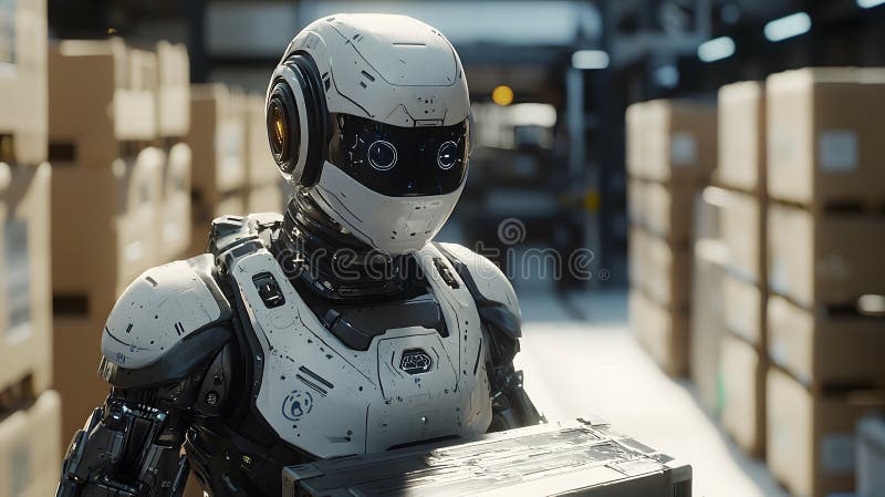 Futuristic Robot in Warehouse Setting Carrying Package AI Technology ...