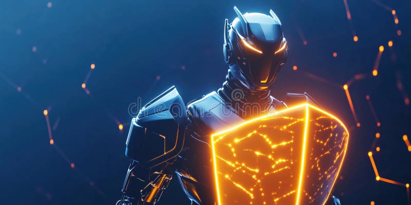 Futuristic Robot Warrior with Glowing Shield in Digital Environment ...