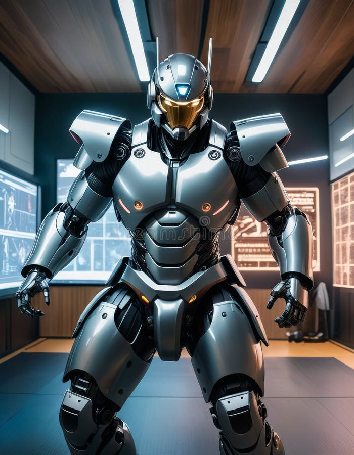 Futuristic Robot Warrior in High-Tech Facility Stock Photo - Image of ...