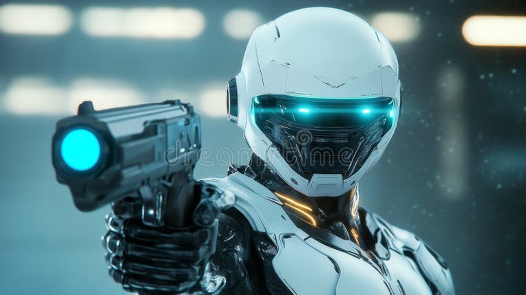 White Robot Aiming Gun Futuristic Robot Weapon Technology Cyborg Action ...