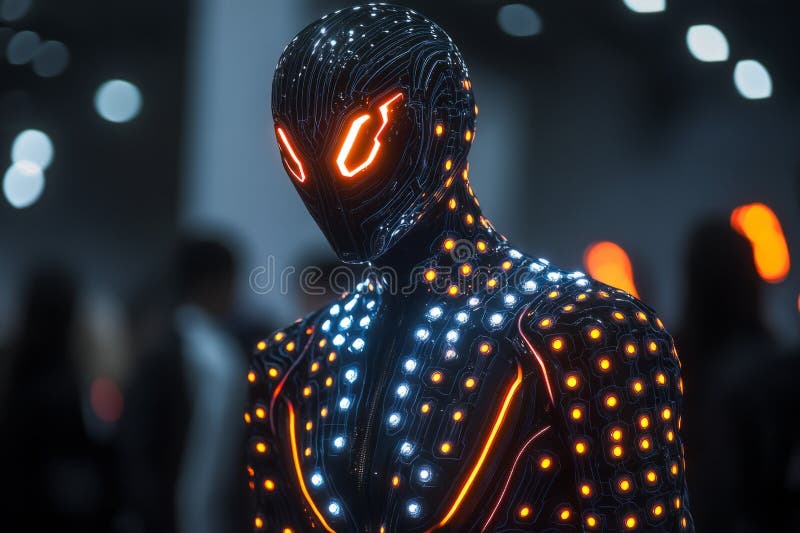 Futuristic Robot Wearing a Suit with Glowing Lights, Standing in a Dark ...